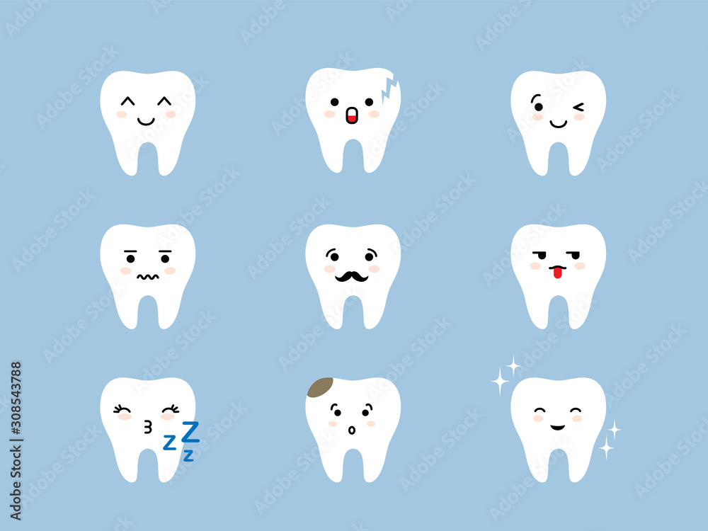 Teeth emoji icon set. Cracked, broken, healthy white cute cartoon tooth ...