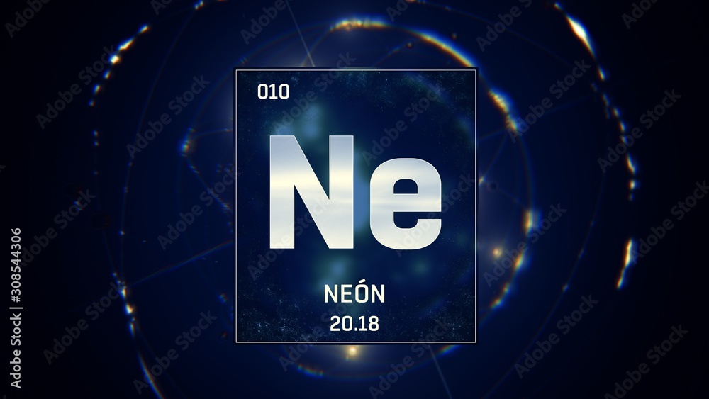 3D illustration of Neon as Element 10 of the Periodic Table. Blue ...