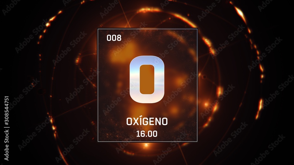 3D illustration of Oxygen as Element 8 of the Periodic Table. Orange ...
