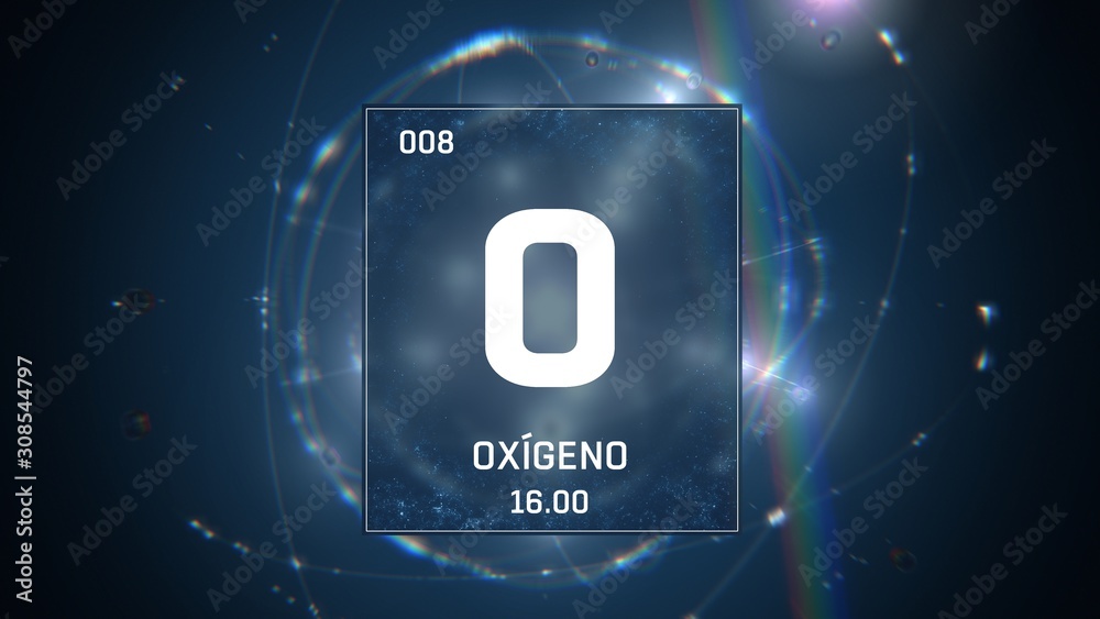 3D illustration of Oxygen as Element 8 of the Periodic Table. Blue ...