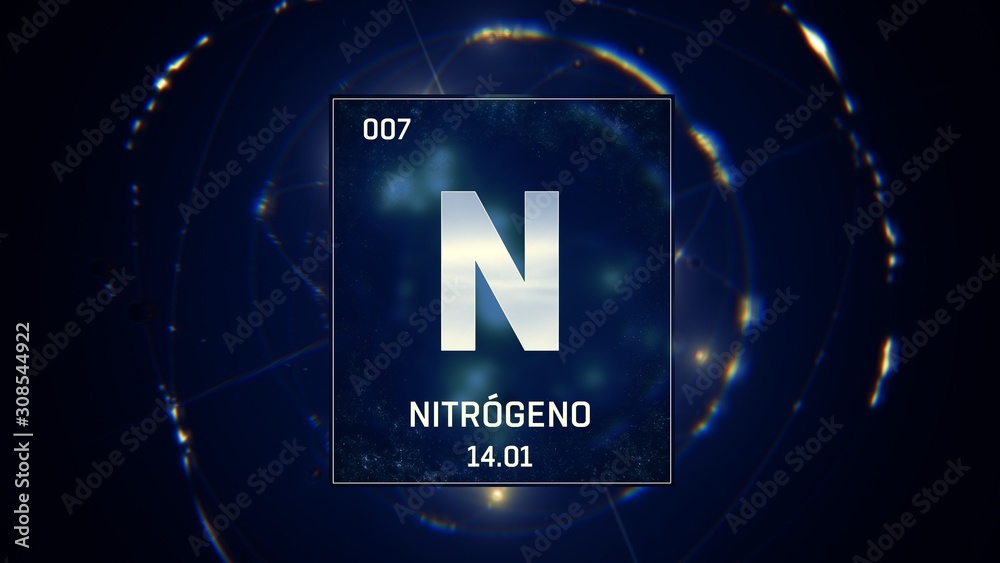3D illustration of Nitrogen as Element 7 of the Periodic Table. Blue ...