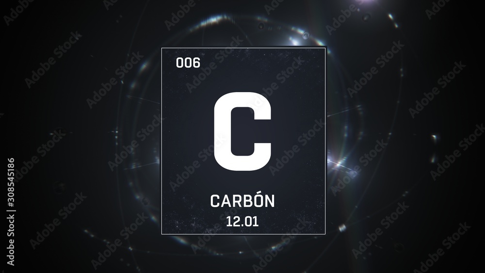 3D illustration of Carbon as Element 6 of the Periodic Table. Silver ...