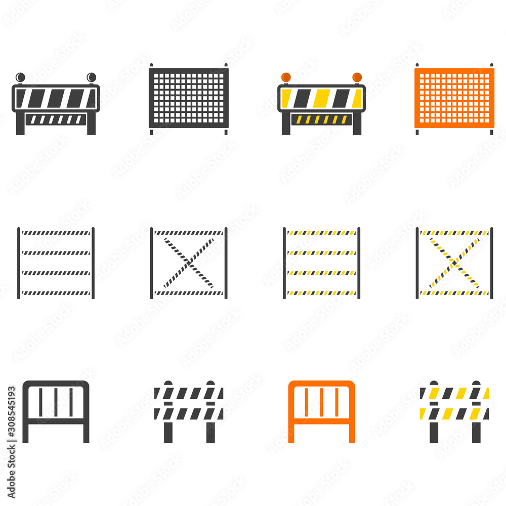 Icons of building fences. Set of different options in color and black ...
