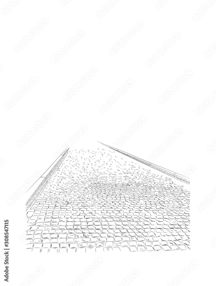 Hand drawn image of paving stones, sidewalk, small gray bricks, sketch ...