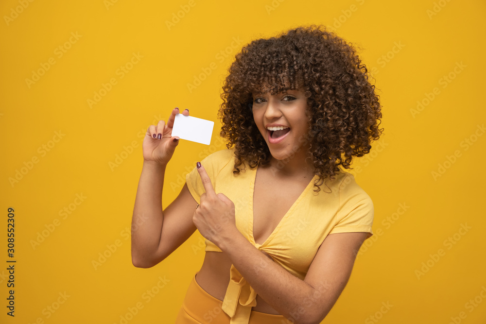 Young woman hand hold blank white card mockup with rounded corners ...