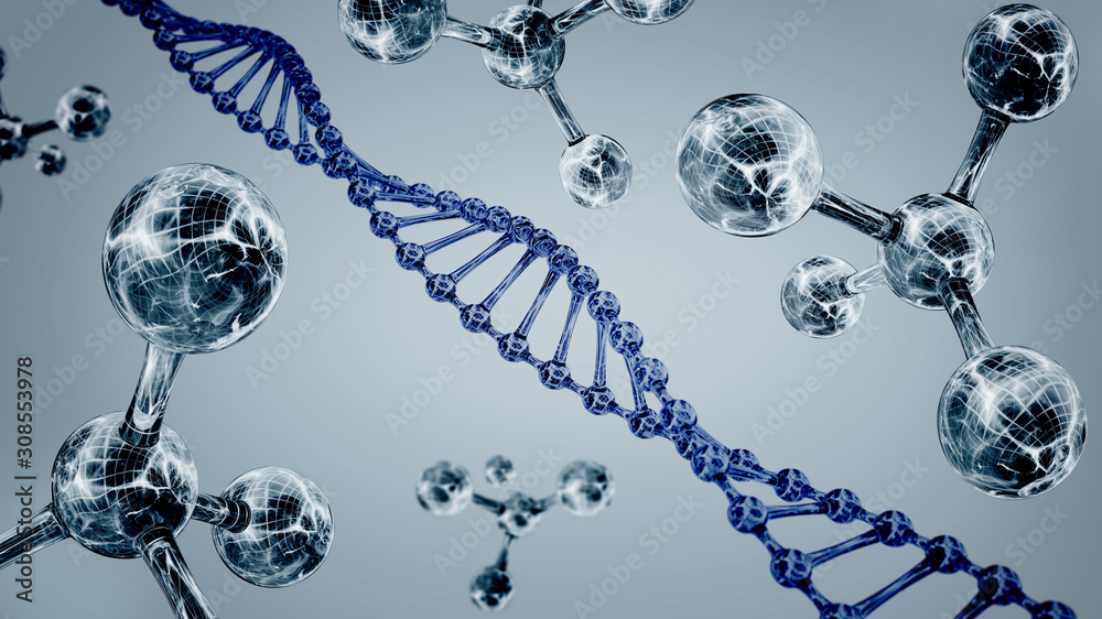 Structure of glass molecules and DNA stems over blue background. Stock ...