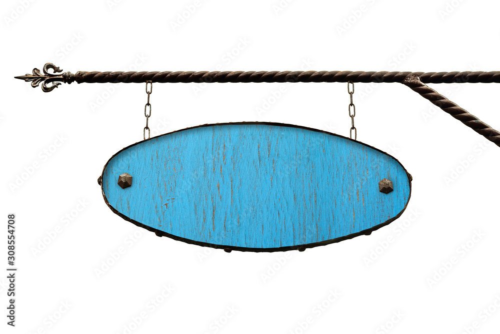 Wooden blue sign. Old wooden store sign with no text hanging on a ...