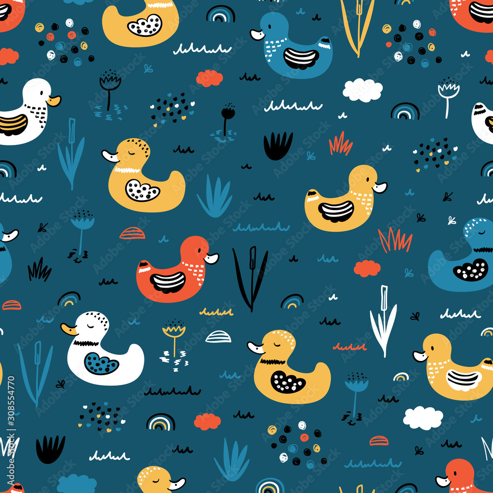 Seamless Pattern with Cute baby Ducks. Baby Background with Birds ...
