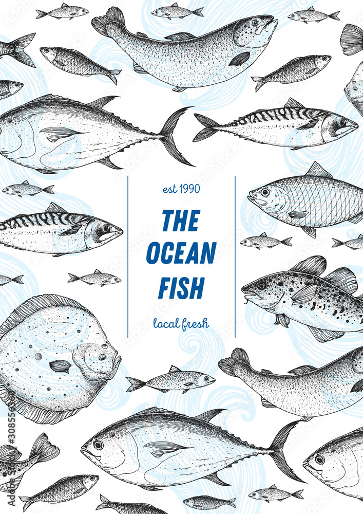 Fish sketch collection. Hand drawn vector illustration. Seafood frame ...