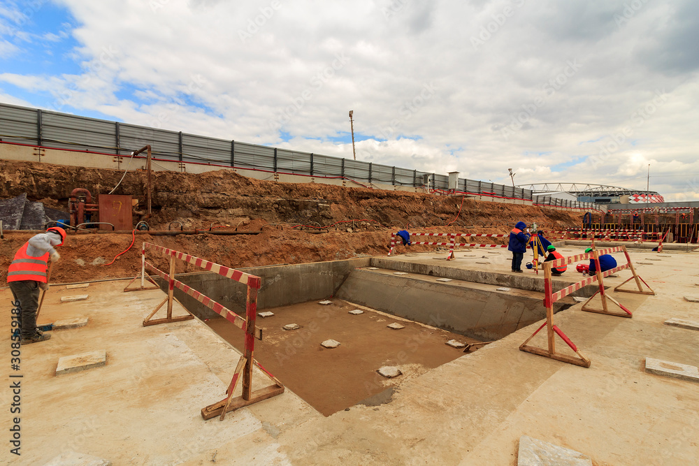 Pile driving in foundation pit construction apartment building. Piling ...