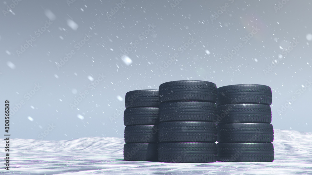 Winter tires on a background of snowstorm, snowfall and slippery winter ...
