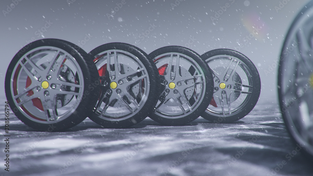 3d illustration Winter tires on a with falling snow background of snow ...