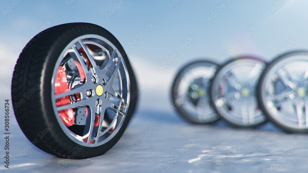 ภาพประกอบสต็อก Winter tires on a background of snowstorm, snowfall and ...