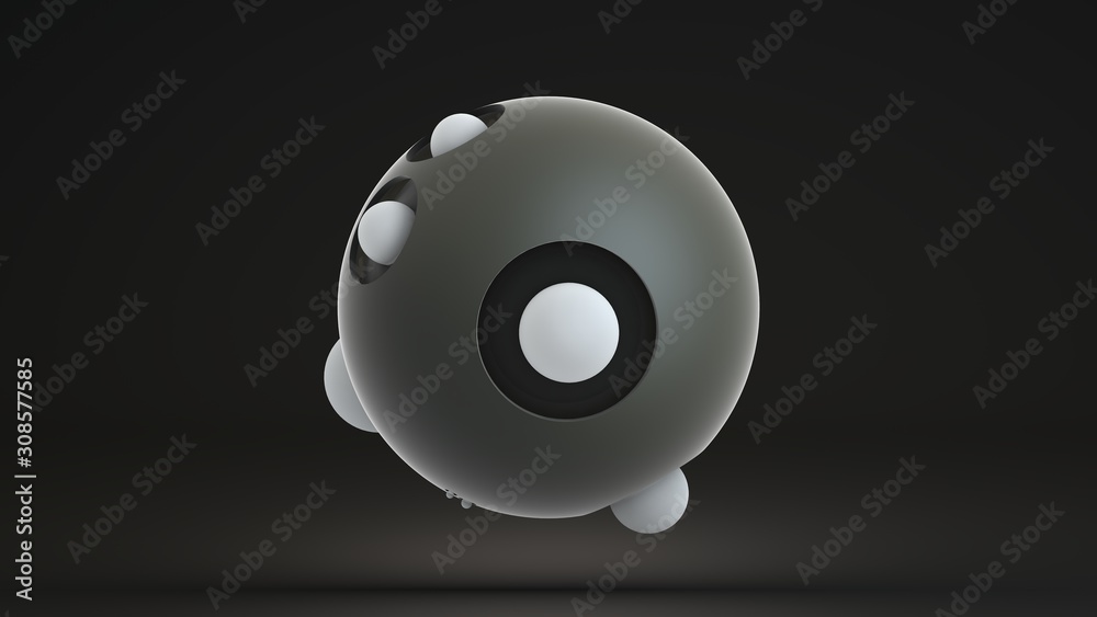 3D rendering of a large Golden ball with round Windows of different sizes and dark contents. In ...