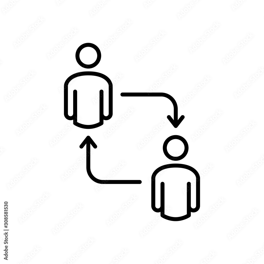 Símbolo comunicación. Icono plano lineal hombres con flechas rotando en ...