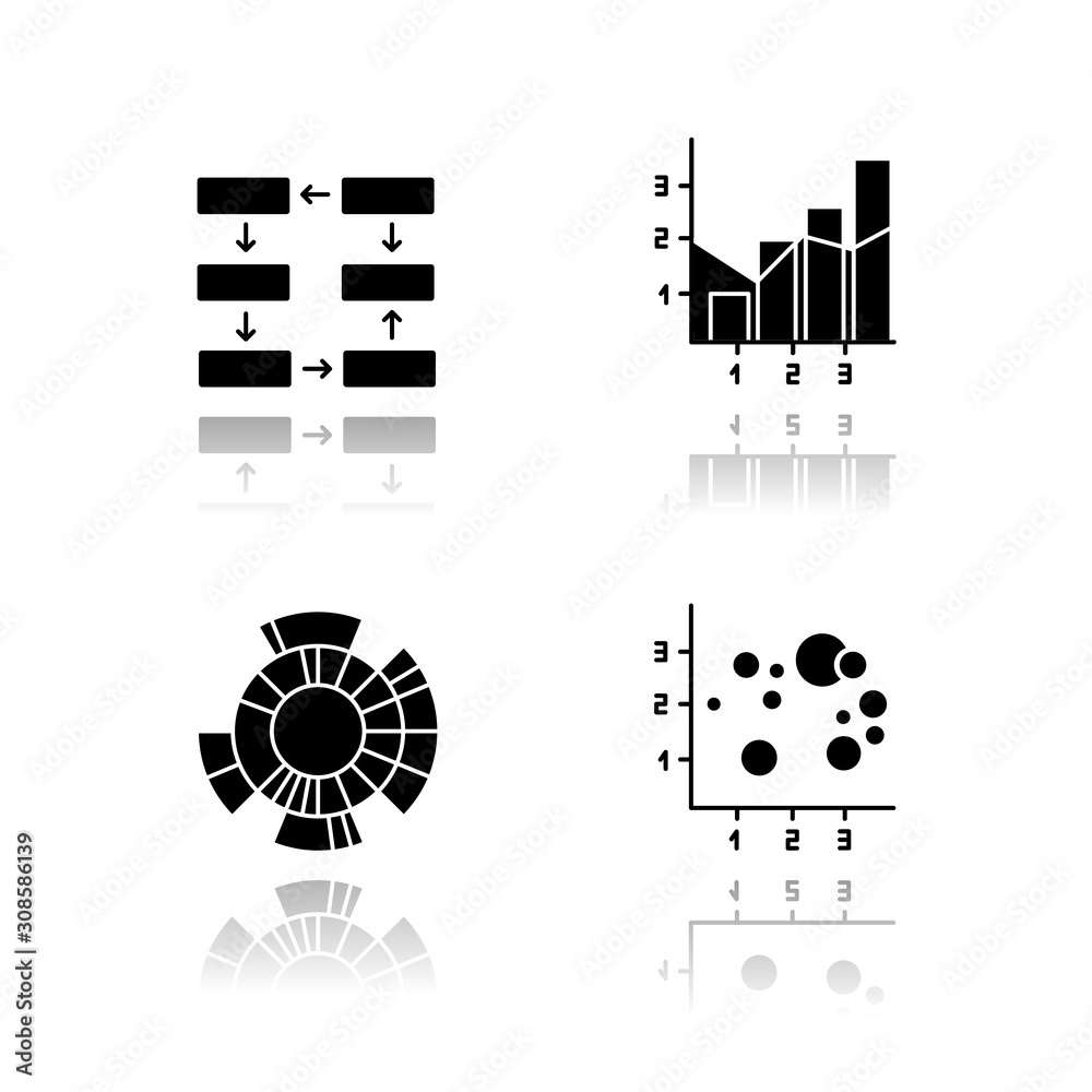 Chart and graph drop shadow black glyph icons set. Data connection and ...