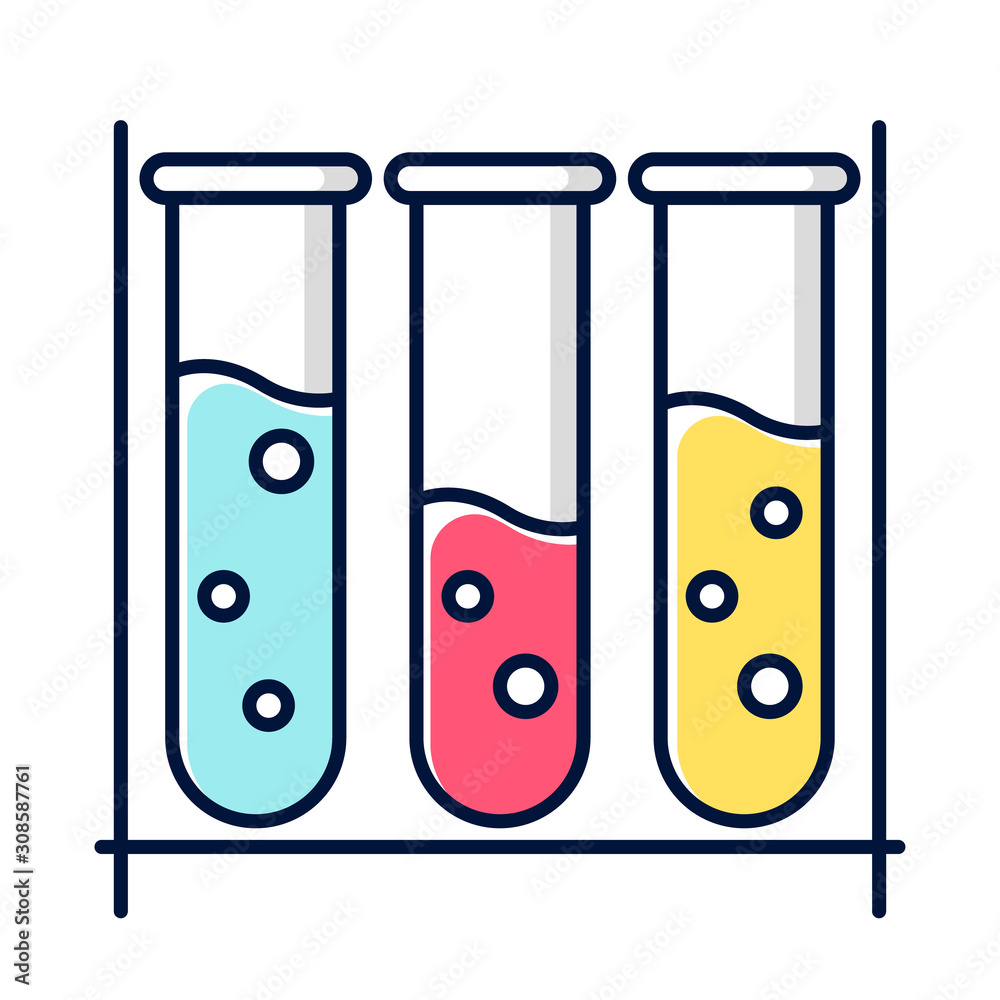 Blue, red and yellow test tubes color icon. Organic chemistry ...