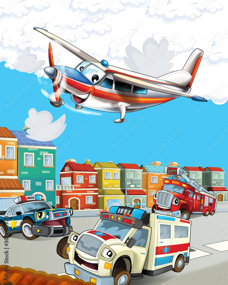 cartoon scene in the city with happy ambulance police and fireman ...
