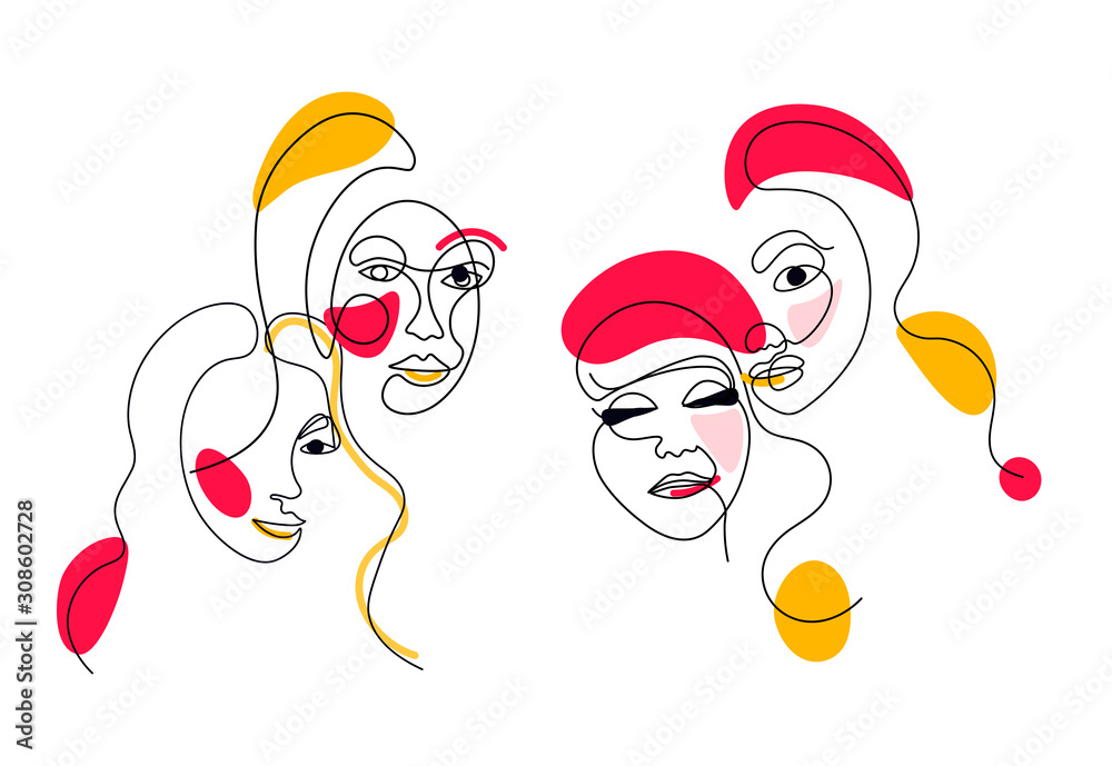 Set Of Abstract Women Face One Line Drawing Portrait Minimalistic
