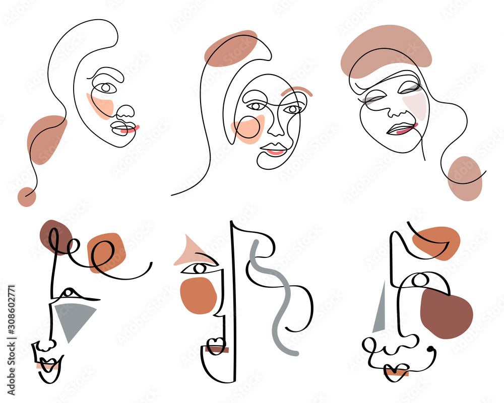 Set of six abstract face one line drawing. Portrait minimalistic style ...