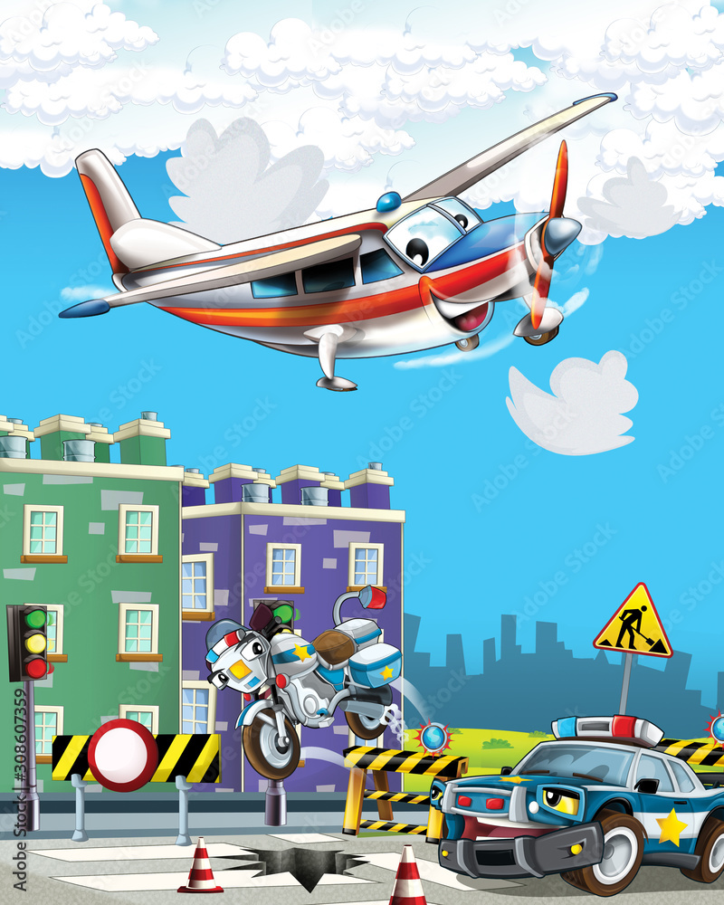 cartoon scene with police car driving through the city and emergency ...