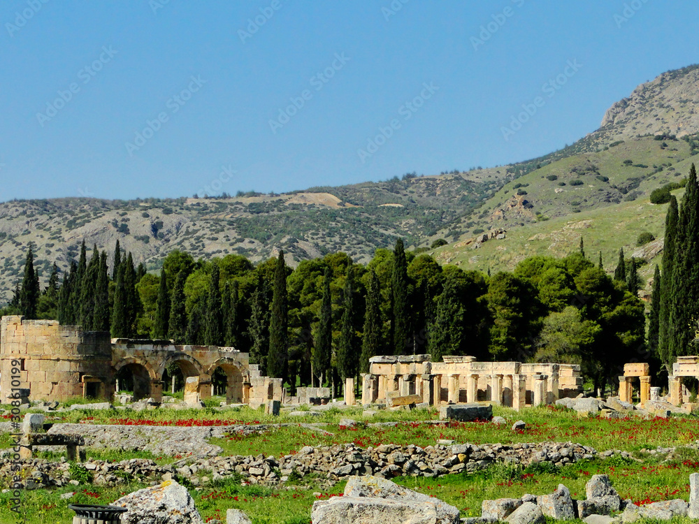 Ruins city gate of Hierapolis in Pamukkale, Turkey. Hierapolis is an ...