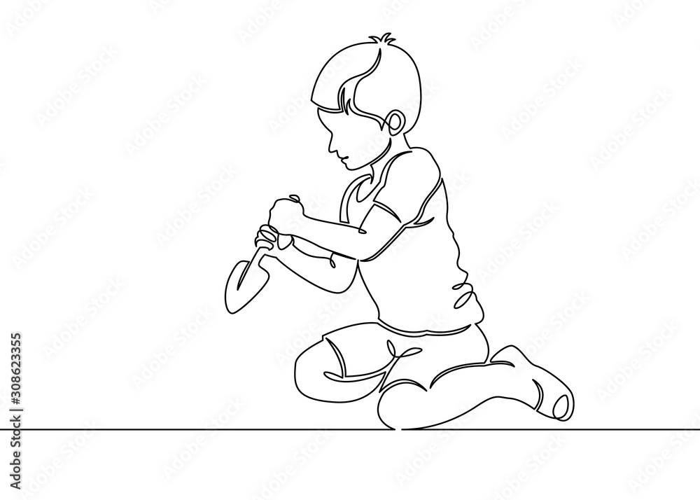 Continuous one single line drawn little children playing in the street ...