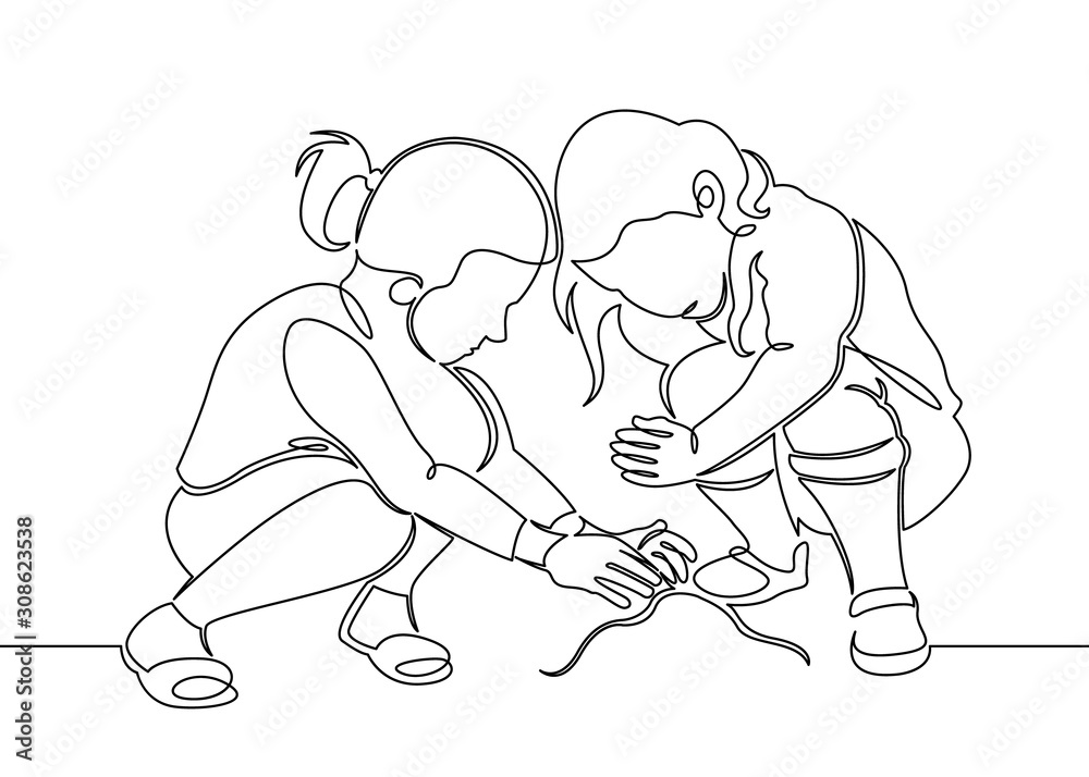 Continuous one single line drawn little children playing in the street ...