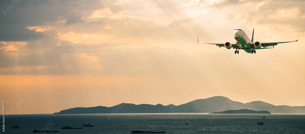Passenger airplane. Landscape with Front of white airplane is flying in ...