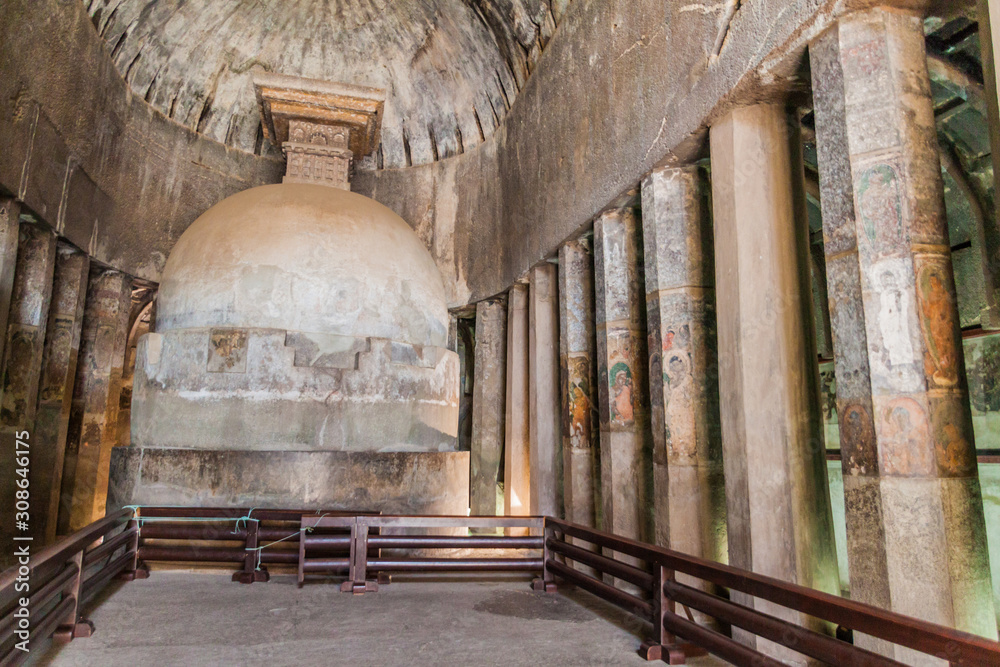 Buddhist chaitya (prayer hall) carved into a cliff in Ajanta ...