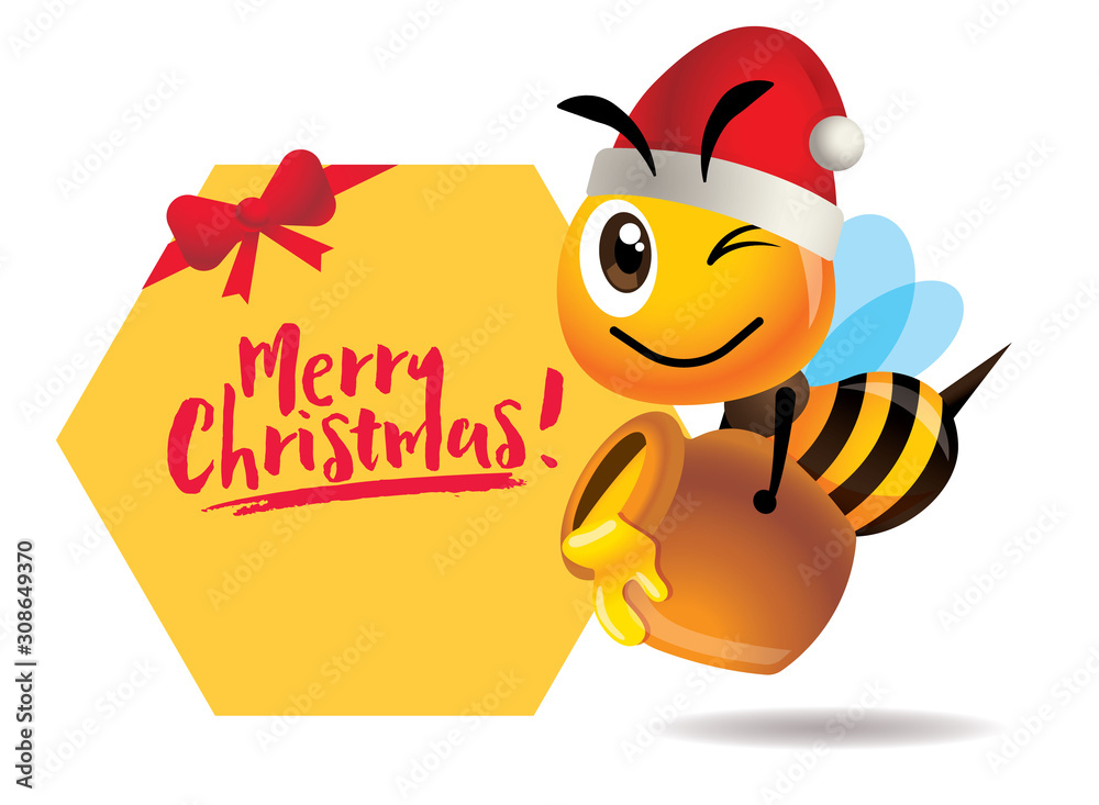 Merry Christmas. Cartoon cute bee carries honey pot with big Merry ...