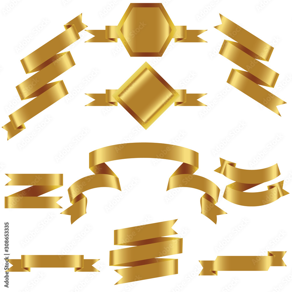 GOLD Ribbon Set In Isolated For Celebration And Winner Award Banner ...