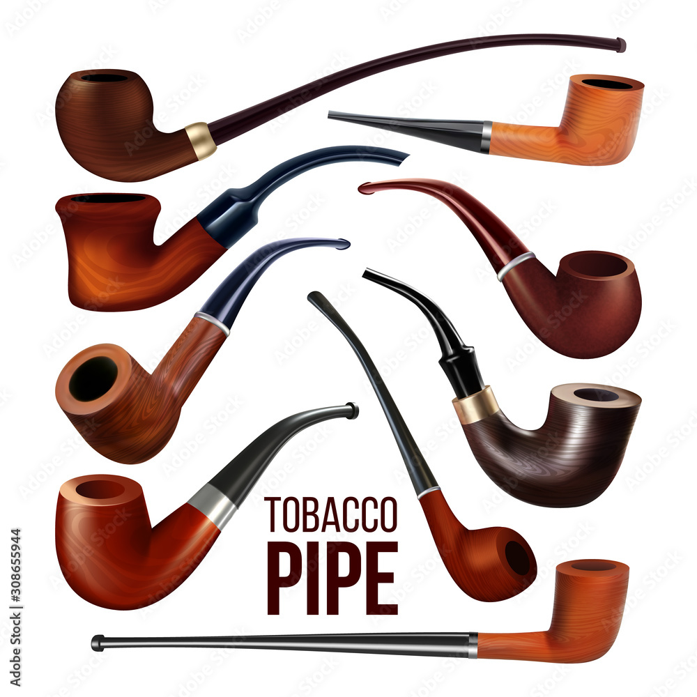 Tobacco Pipes Vintage Wooden Smoke Tool Set Vector. Collection In ...