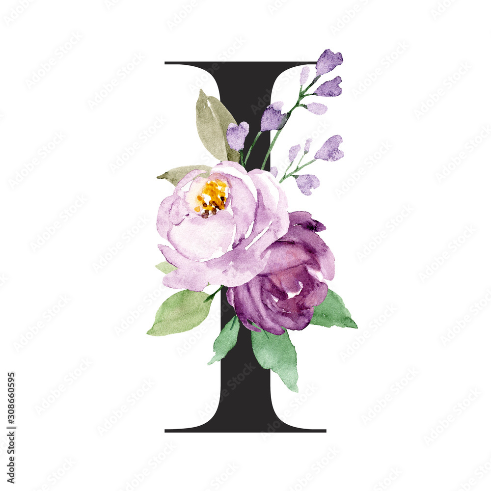 Letter i, floral alphabet, with watercolor flowers and leaf. Monogram ...