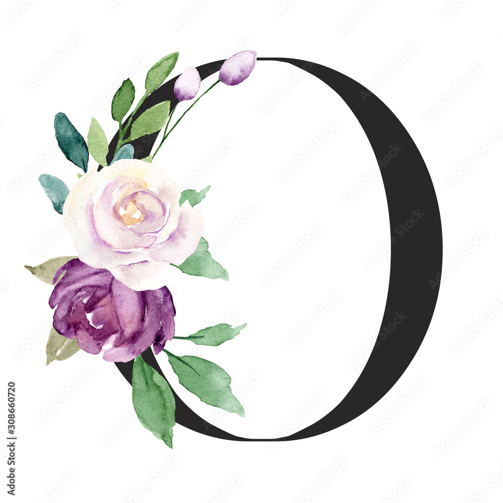 Letter o, floral alphabet, with watercolor flowers and leaf. Monogram ...