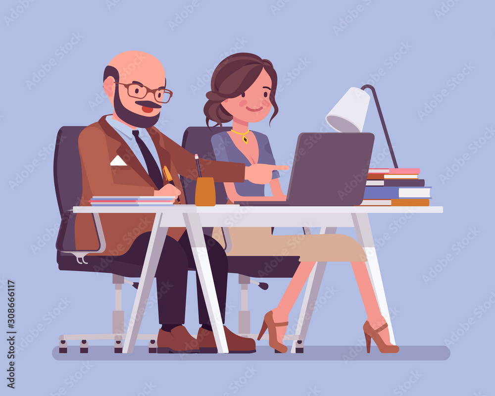 Man coaching and mentoring a young female employee. Office positive ...