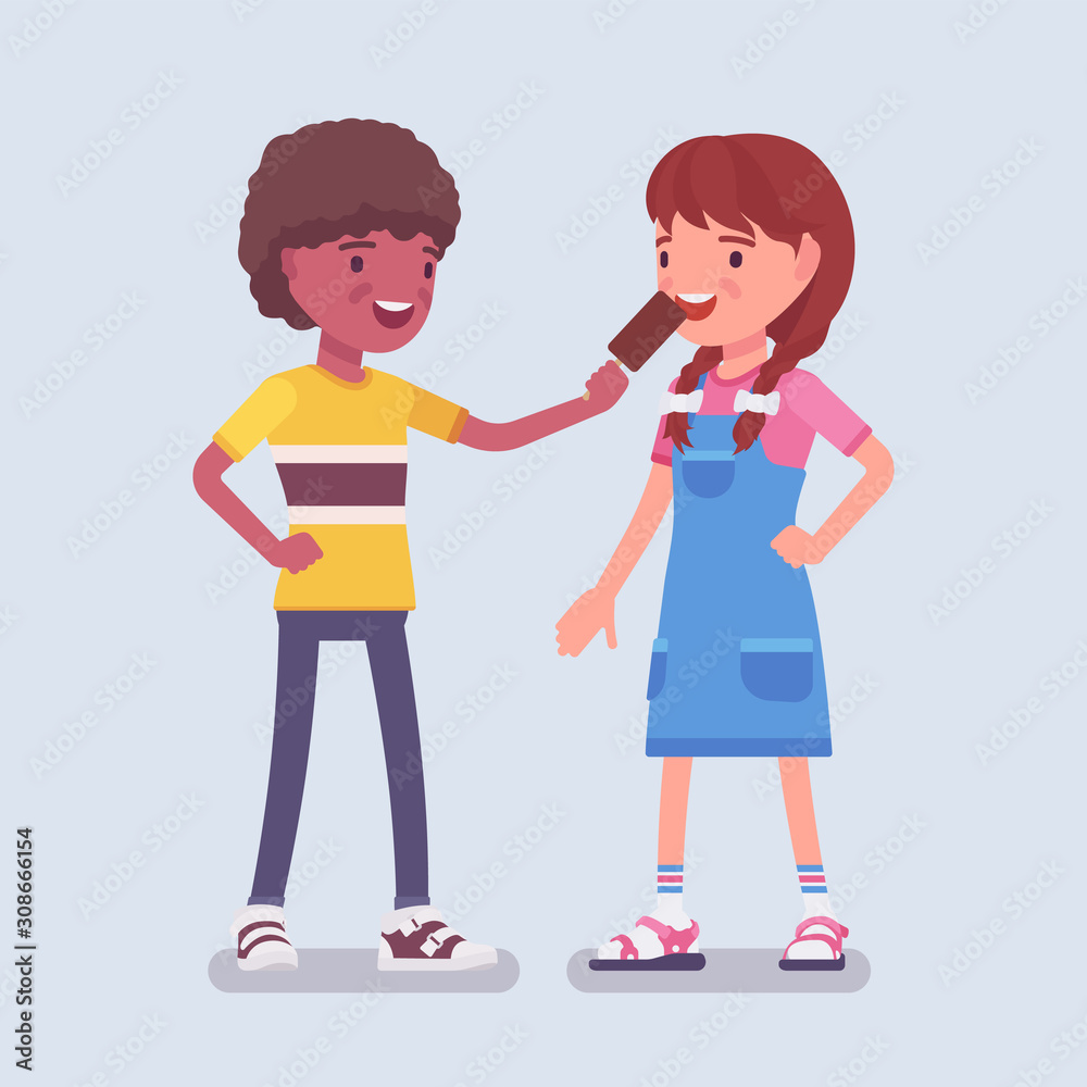 Boy sharing ice cream with a girl friend. Child giving some eskimo pie ...