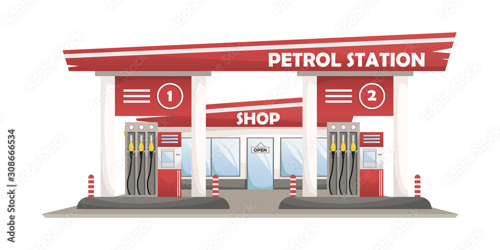 Vector illustration of a car filling station with a shop. Stock Vector ...