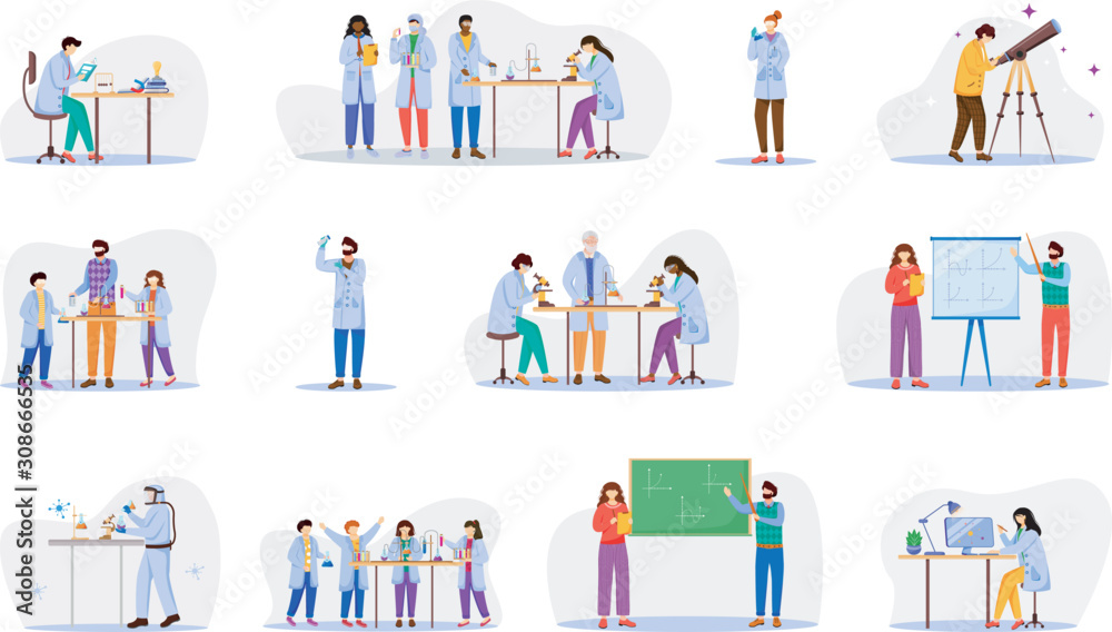 Practical science flat vector illustration set. Chemistry in school ...