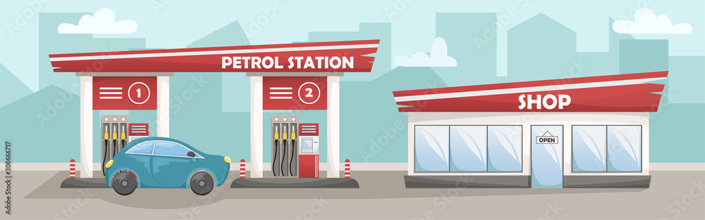 Vector illustration of a car filling station with a shop. Cars at the ...