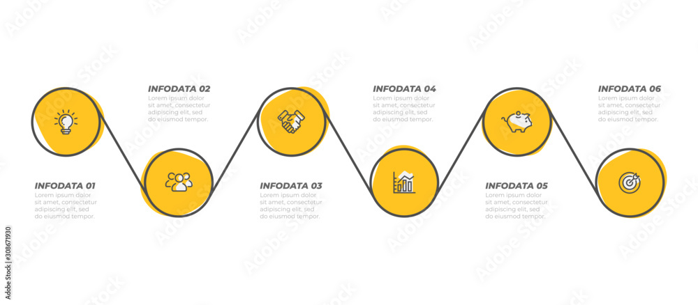Vector linear infographics for business process step. Timeline with 6 ...