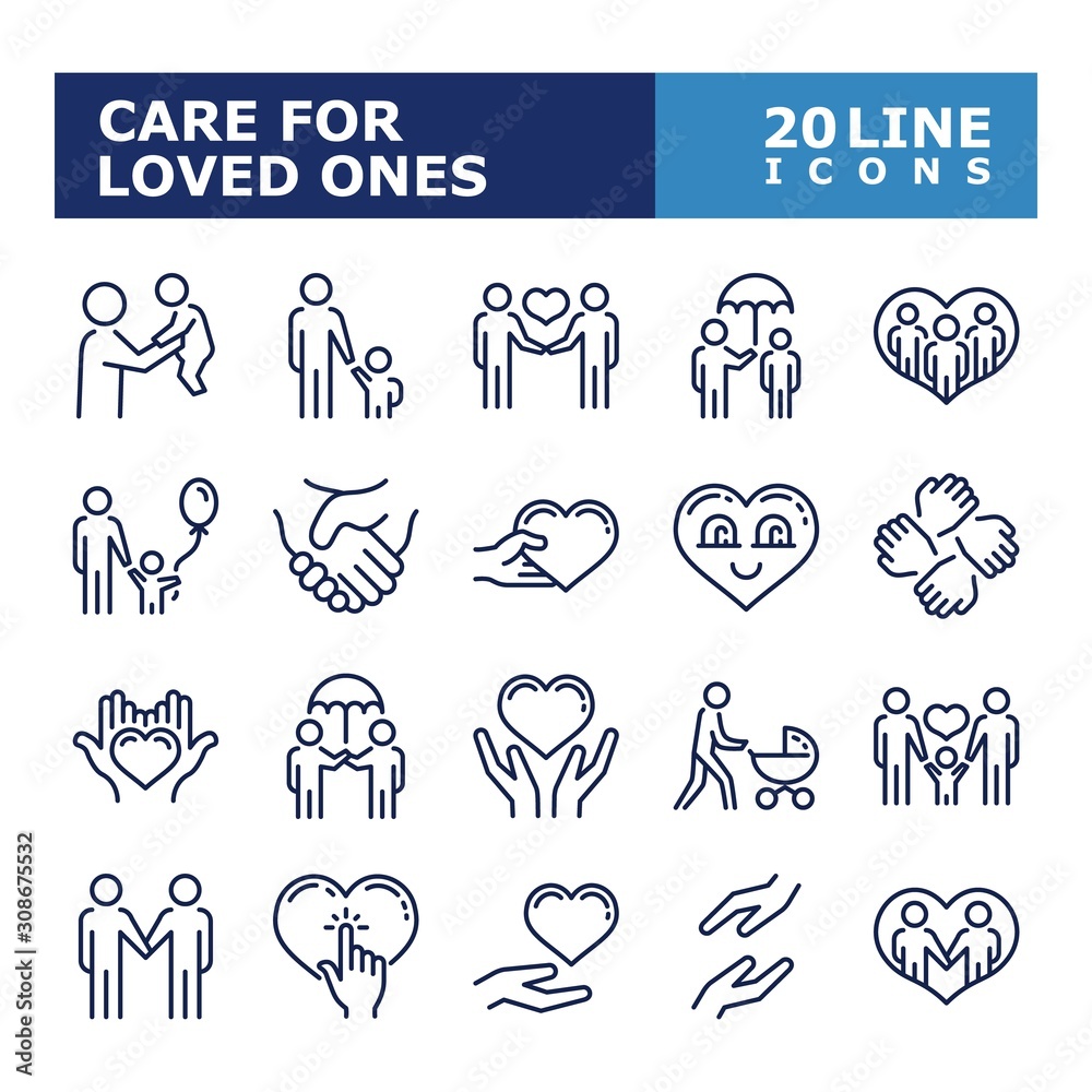 Care for loved ones icons. Help and sympathy line icon set. Vector ...