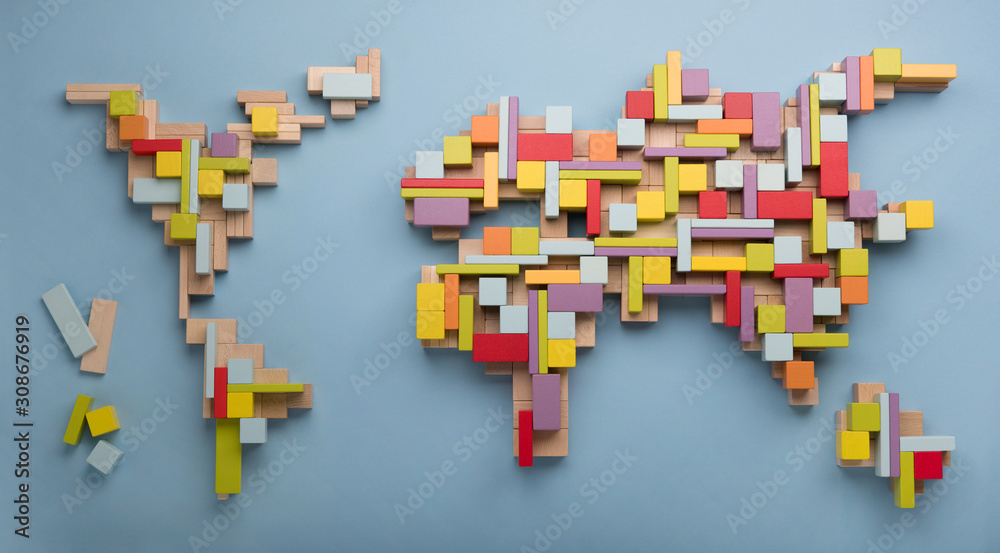 World map made from colorful wooden toy blocks. Stock Photo | Adobe Stock