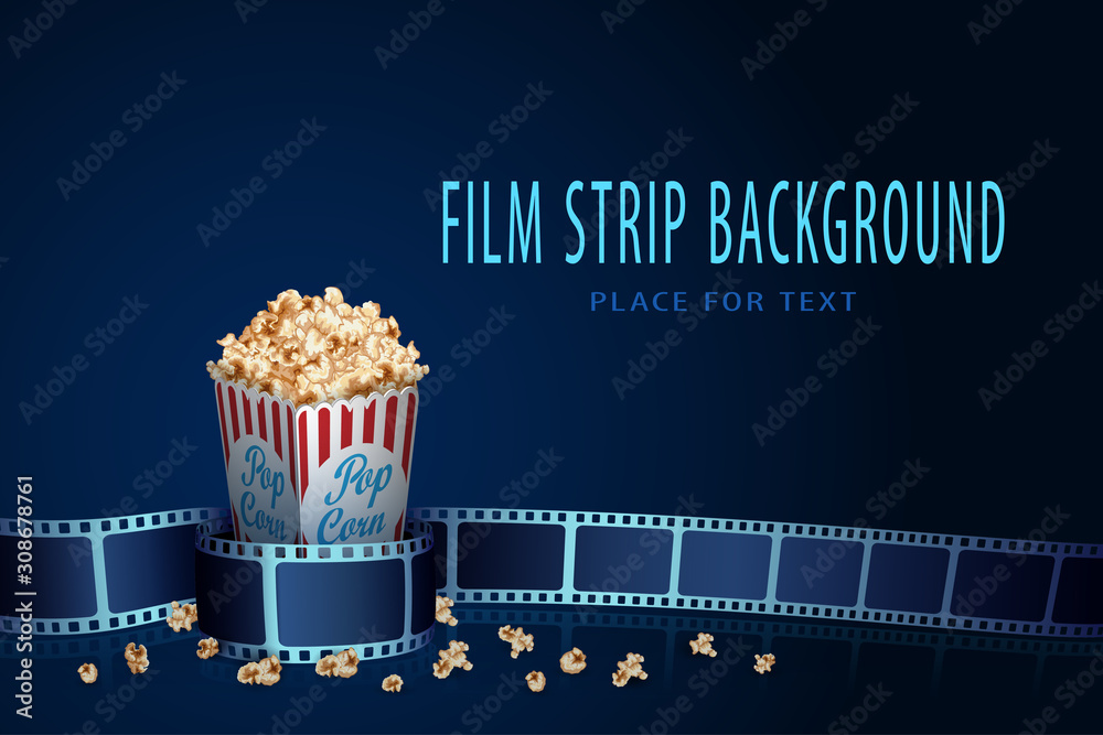 Real film strip frame in wave form with popcorn box isolated on blue ...