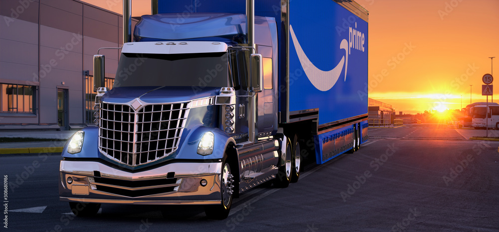 truck with a semi-trailer with the Amazon Prime logo at the Amazon ...
