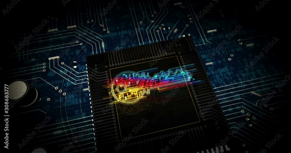 Cyber security key futuristic hologram 3D rendering animation. Abstract ...