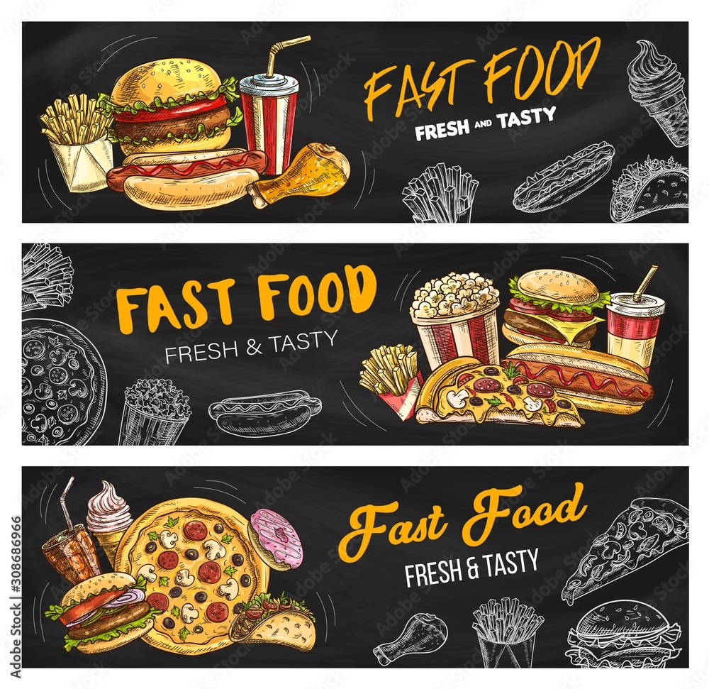 Fast food burgers and sandwiches menu, vector sketch banners. Fastdood ...