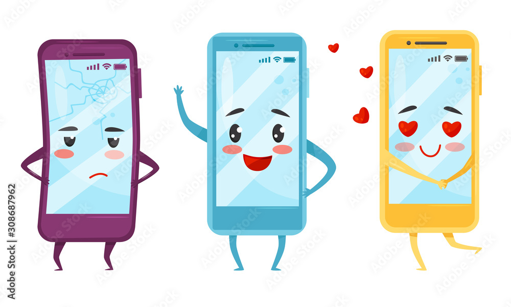 Smartphones Cartoon Characters with Funny Faces Collection, Cute Phones ...