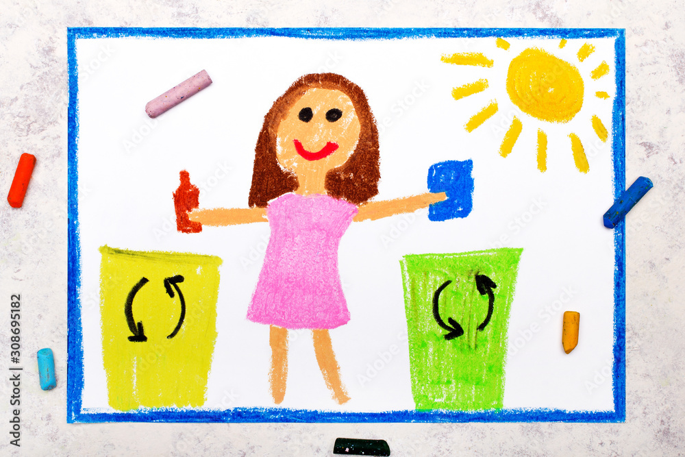 Photo of colorful drawing: Waste separation. Smiling girl segregating ...