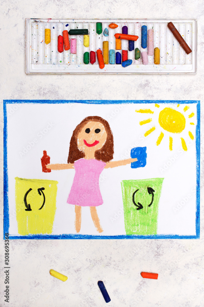 Photo of colorful drawing: Waste separation. Smiling girl segregating ...